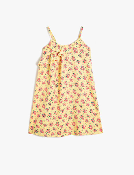 Koton Kız Çocuk Çiçekli Dökümlü Kumaştan Fırfırlı Bol Kesim Askılı Orta Boy Elbise