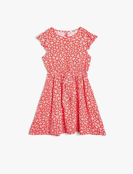 Koton Kız Çocuk Çiçekli Dökümlü Kumaştan Fırfırlı Kısa Kollu Orta Boy Elbise