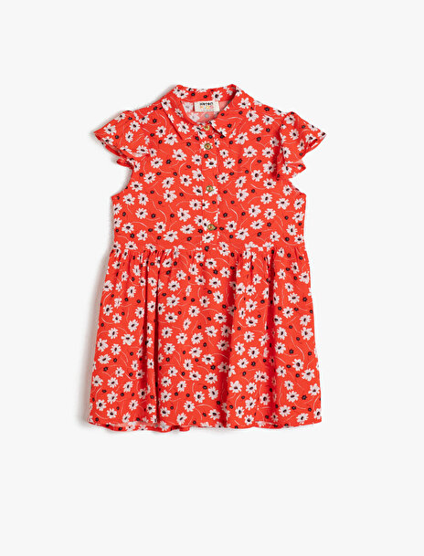 Koton Kız Çocuk Çiçekli İnce Dökümlü Kumaştan Gömlek Yaka Fırfırlı Orta Boy Elbise