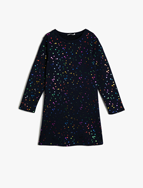 Koton Kız Çocuk Parlak Desenli Kalın Sweatshirt Kumaşından Uzun Kollu Orta Boy Elbise