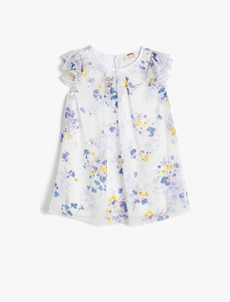 Koton Kız Çocuk Çiçekli Şifon Kumaştan Kolu İki Kat Fırfırlı Bol Kesim Orta Boy Elbise