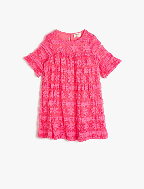 Koton Kız Çocuk Çiçekli Dantelli Bol Kesim Kısa Kollu Orta Boy Elbise