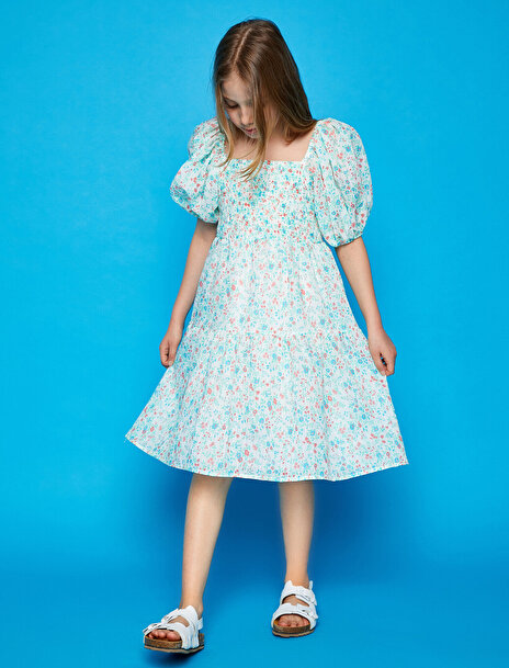 Koton Kız Çocuk Çiçekli Balon Kol Elbise