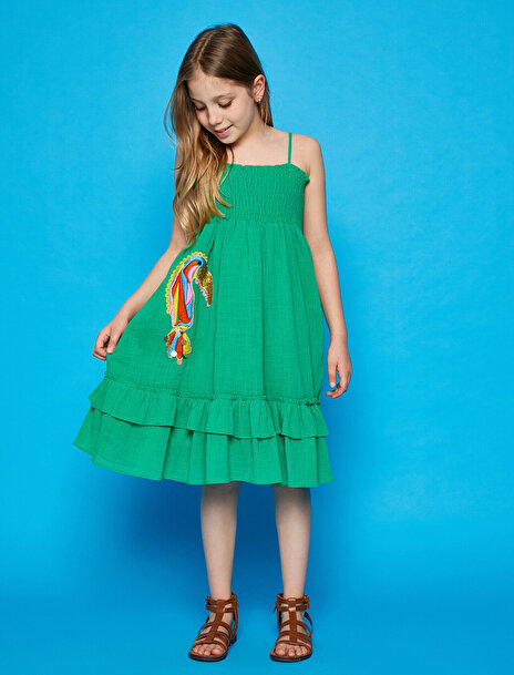 Koton Kız Çocuk Pamuklu Askılı İşlemeli Elbise