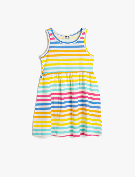 Koton Kız Çocuk Çizgili Kalın Askılı Beli Büzgülü Orta Boy Elbise
