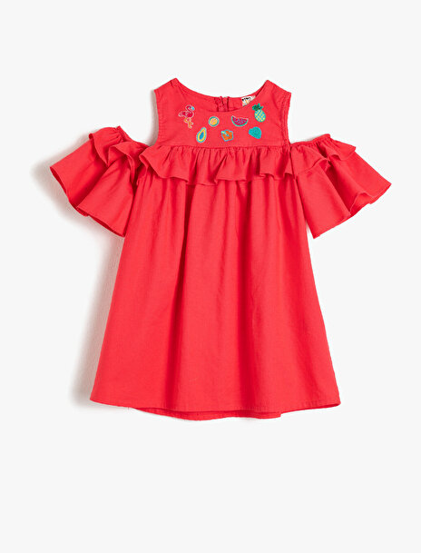 Koton Kız Çocuk Bisiklet Yaka İşlemeli Pamuklu Fırfır Detaylı Elbise