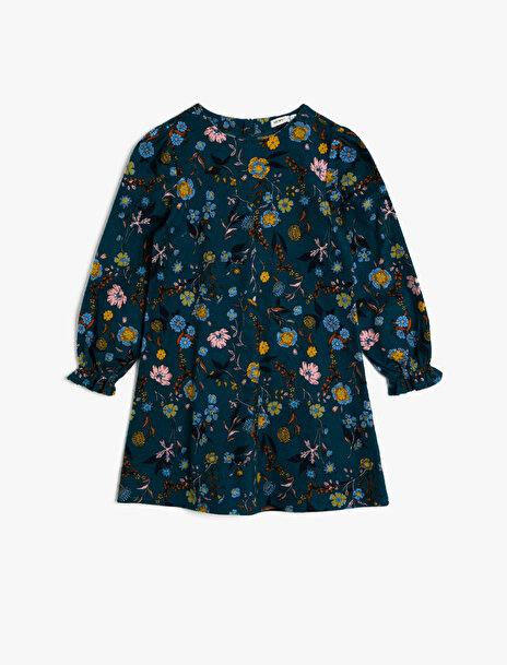 Koton Kız Çocuk Çiçekli Yumuşak Kalın Kumaştan Uzun Kollu Bisiklet Yaka Orta Boy Elbise