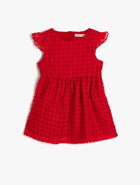 Koton Kız Çocuk Şifon Kumaştan Kalp Desenli Fırfırlı Kısa Kollu Orta Boy Elbise