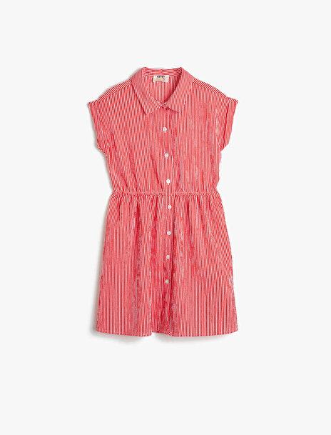 Koton Kız Çocuk Çizgili İnce Dökümlü Kumaştan Gömlek Yaka Fırfırlı Orta Boy Elbise