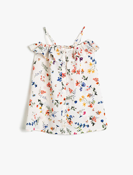 Koton Kız Çocuk Çiçekli Dökümlü Dokulu Kumaştan Fırfırlı Askılı Orta Boy Elbise