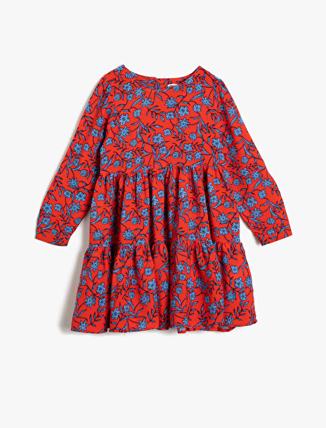 Koton Kız Çocuk Çiçekli Dökümlü Yumuşak Kumaştan Uzun Kollu Orta Boy Elbise