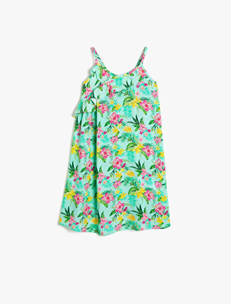 Koton Kız Çocuk Çiçekli Dökümlü Kumaştan Fırfırlı Bol Kesim Askılı Orta Boy Elbise