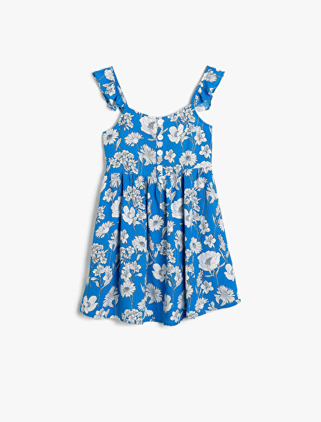 Koton Kız Çocuk Çiçekli Dökümlü Kumaştan Askılı Fırfırlı Bol Kesim Orta Boy Elbise