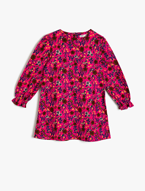 Koton Kız Çocuk Çiçekli Yumuşak Kalın Kumaştan Uzun Kollu Bisiklet Yaka Orta Boy Elbise