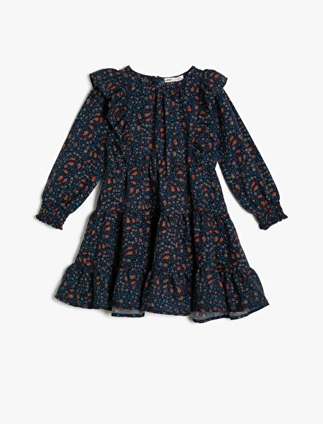 Koton Kız Çocuk Desenli Yumuşak Kalın Kumaştan Fırfırlı Bol Kesim Orta Boy Elbise Koton Kız Çocuk Desenli Yumuşak Kalın Kumaştan Fırfırlı Bol Kesim Orta Boy Elbise