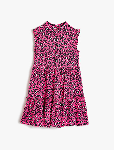Koton Kız Çocuk Leopar Desenli Bol Kesim Gömlek Yaka Kısa Kollu Orta Boy Elbise