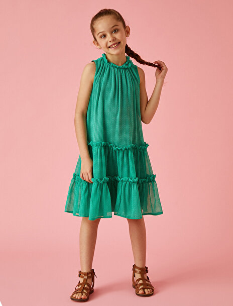 Koton Kız Çocuk Bisiklet Yaka Geometrik Desenli Şifon Elbise