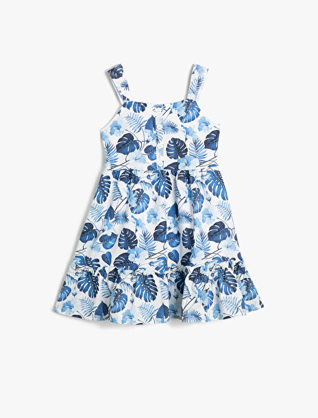 Koton Kız Çocuk Desenli Dokulu Kumaştan Düğmeli Kalın Askılı Orta Boy Elbise