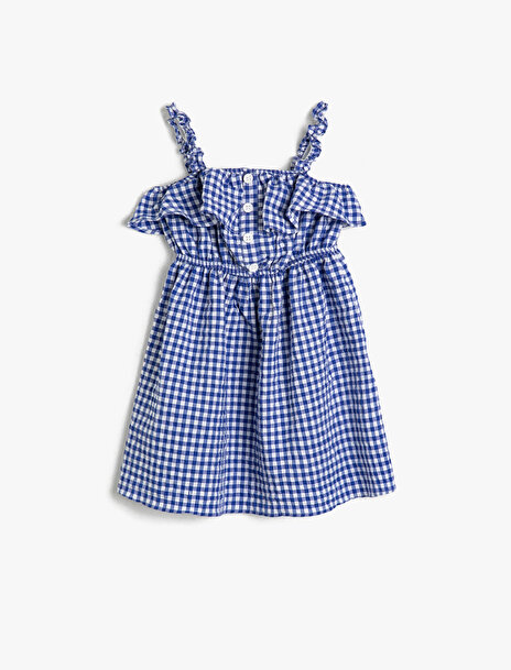 Koton Kız Çocuk Kareli Dokulu Kumaştan Askılı Fırfırlı Belden Oturtmalı Orta Boy Elbise