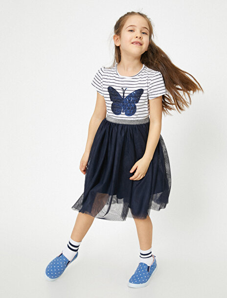 Koton Kız Çocuk Pullu Bisiklet Yaka Tütü Etekli Beli Sim Lastikli Orta Boy Elbise