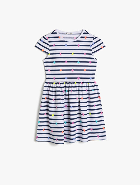 Koton Kız Çocuk Çizgili Bisiklet Yaka Kısa Kollu Beli Büzgülü Orta Boy Elbise