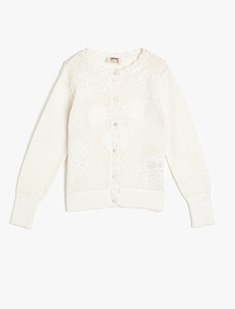 Koton Kız Çocuk Pamuklu İpten Ajurlu Desenli Düğmeli Bisiklet Yaka  Triko Hırka