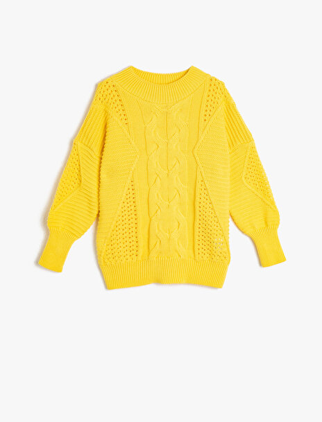 Koton Kız Çocuk Pamuklu İpten Saç Örgülü İnce  Bisiklet Yaka Uzun Triko Kazak