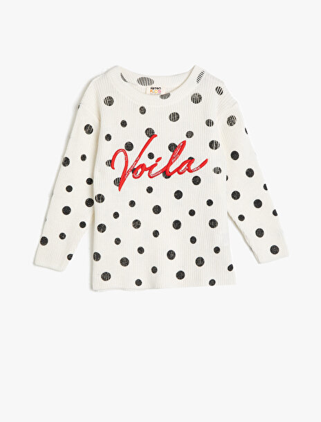 Koton Kız Çocuk Puantiyeli İnce  Önü Yazılı İşlemeli Uzun Kollu  Triko Kazak