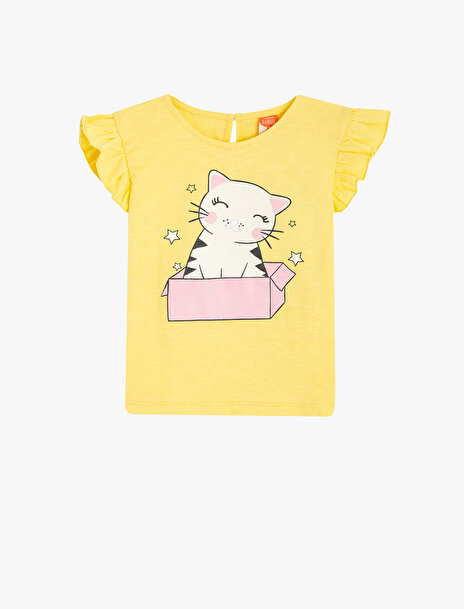 Koton Kız Çocuk Koton Love Kids Baskılı Bisiklet Yaka Kısa Kollu Fırfır Detaylı Tişört