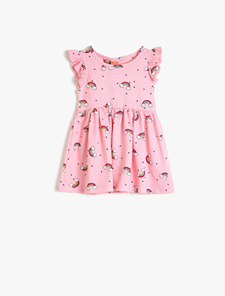 Koton Kız Çocuk Bisiklet Yaka Kısa Kollu Fırfır Detaylı Desenli Elbise