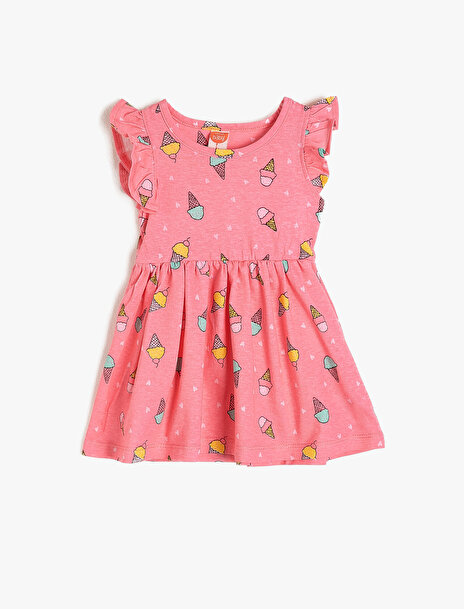 Koton Kız Çocuk Dondurma Desenli Kolları Fırfırlı Beli Büzgülü Elbise