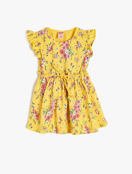 Koton Kız Çocuk Çiçek Desenli Bisiklet Yaka Kısa Kollu Beli Bağlamalı Elbise