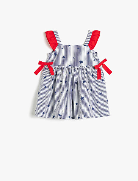 Koton Kız Çocuk Askılı Kolsuz İşlemeli Çizgili Elbise
