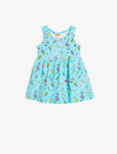 Koton Kız Çocuk Bisiklet Yaka Kolsuz Fırfır Detaylı Baskılı Elbise