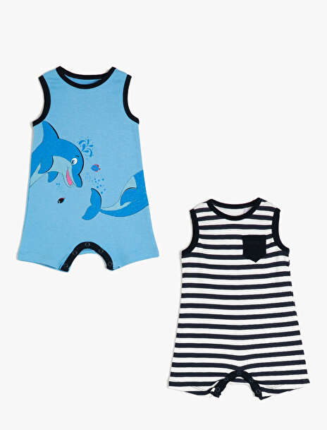 Koton Erkek Çocuk 2'li Baskılı Çizgili Çıtçıtlı Tulum Seti