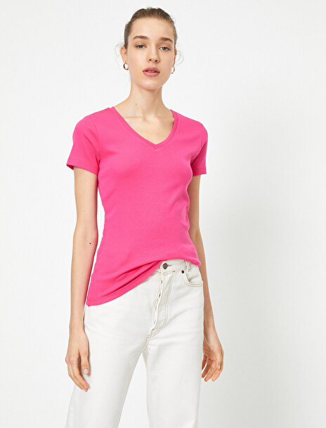 Koton Kadın Standart Kesim V Yaka Basic Tişört