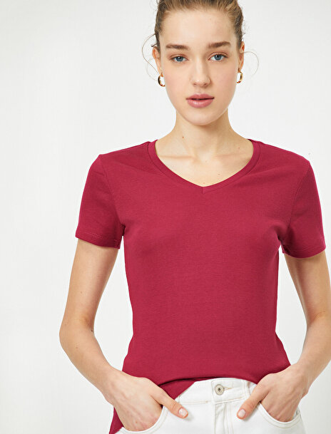 Koton Kadın Standart Kesim V Yaka Basic Tişört