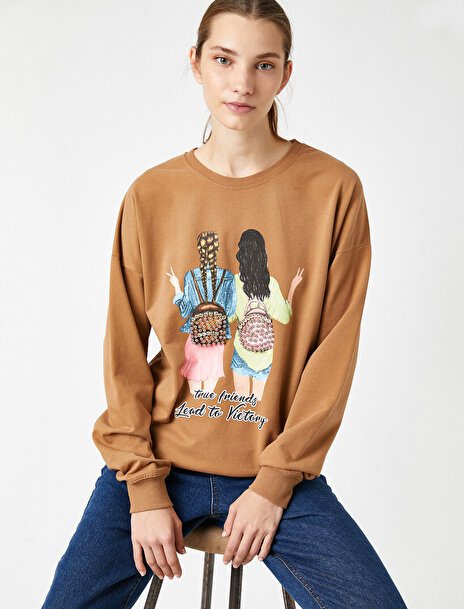 Koton Kadın %100 Pamuk Bisiklet Yaka Baskılı Taşlı Sweatshirt Koton Kadın %100 Pamuk Bisiklet Yaka Baskılı Taşlı Sweatshirt