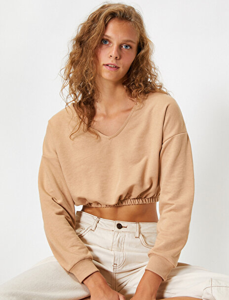 Koton Kadın V Yaka Crop Sweatshirt
