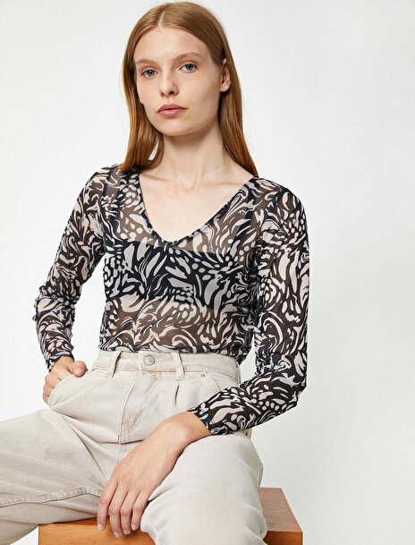 Koton Kadın Desenli Badi V Yaka Çıtçıtlı