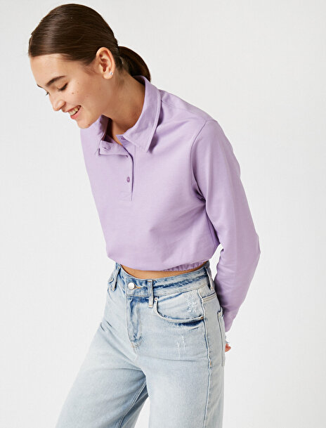 Koton Kadın   %100 Pamuk Gömlek Yaka Uzun Kollu Crop T-Shirt