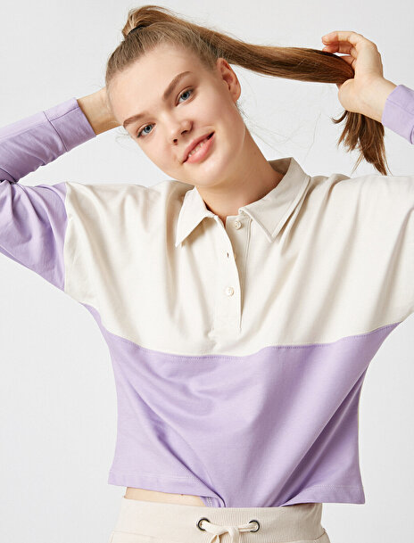 Koton Kadın %100 Pamuk Gömlek Yaka Renk Bloklu Tişört