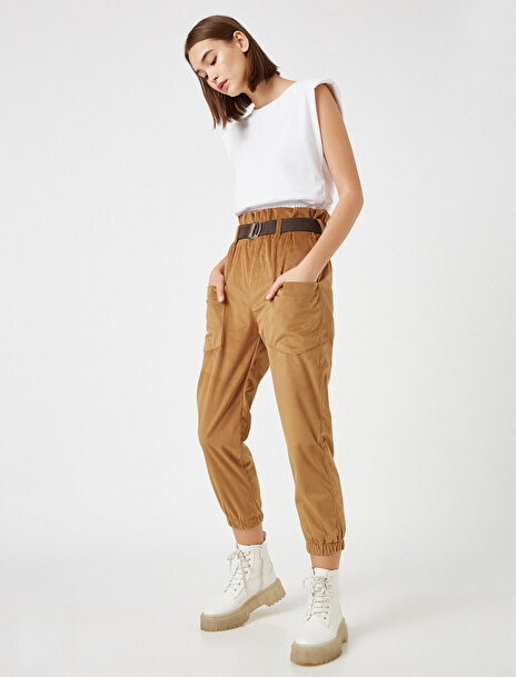 Koton Kadın Kadife Yüksek Bel Kemerli Pantolon