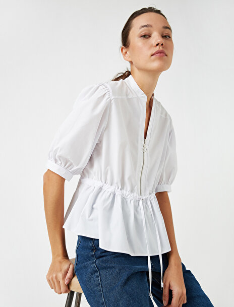 Koton Kadın Kısa Kollu Fermuar Detaylı Beli Bağlamalı Bluz Koton Kadın Kısa Kollu Fermuar Detaylı Beli Bağlamalı Bluz