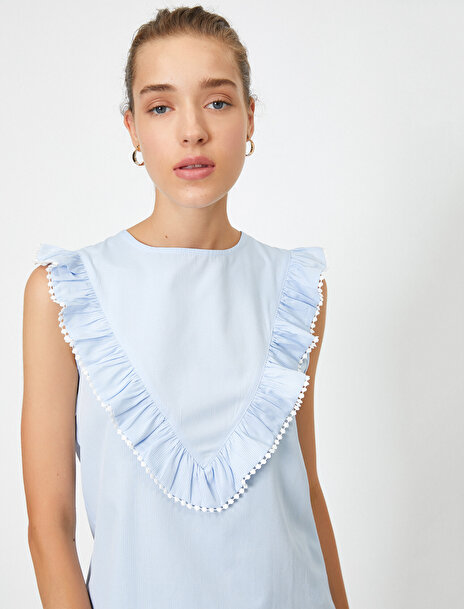 Koton Kadın Bisiklet Yaka Çizgili Fırfırlı Kolsuz Bluz