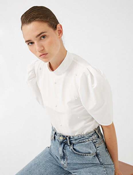 Koton Kadın Balon Kollu Dik Yaka İncili Bluz