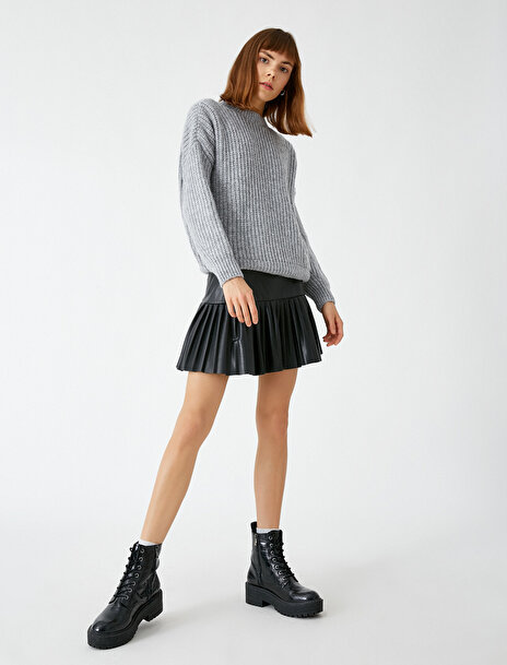 Koton Kadın Suni Deri Pileli Mini Etek