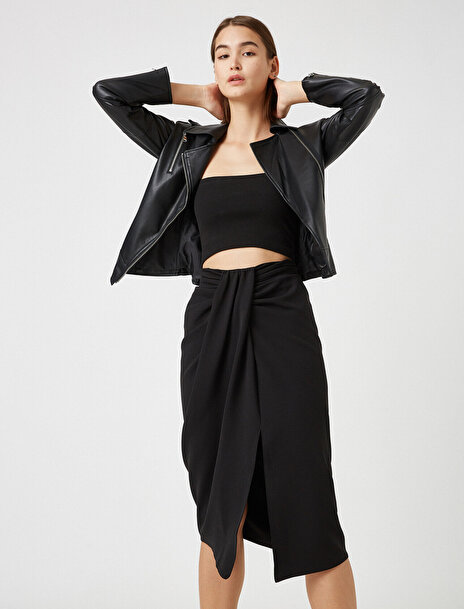 Koton Kadın Bağlama Detaylı Önü Yırtmaçlı Midi Etek