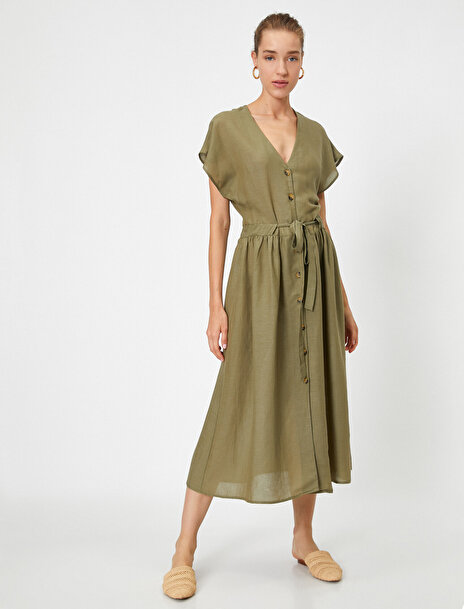 Koton Kadın Kısa Kollu V Yaka Kemerli Önü Düğmeli  Midi Elbise