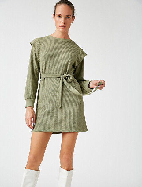 Koton Kadın Omuz Detaylı Kemerli Uzun Kollu Kısa Elbise